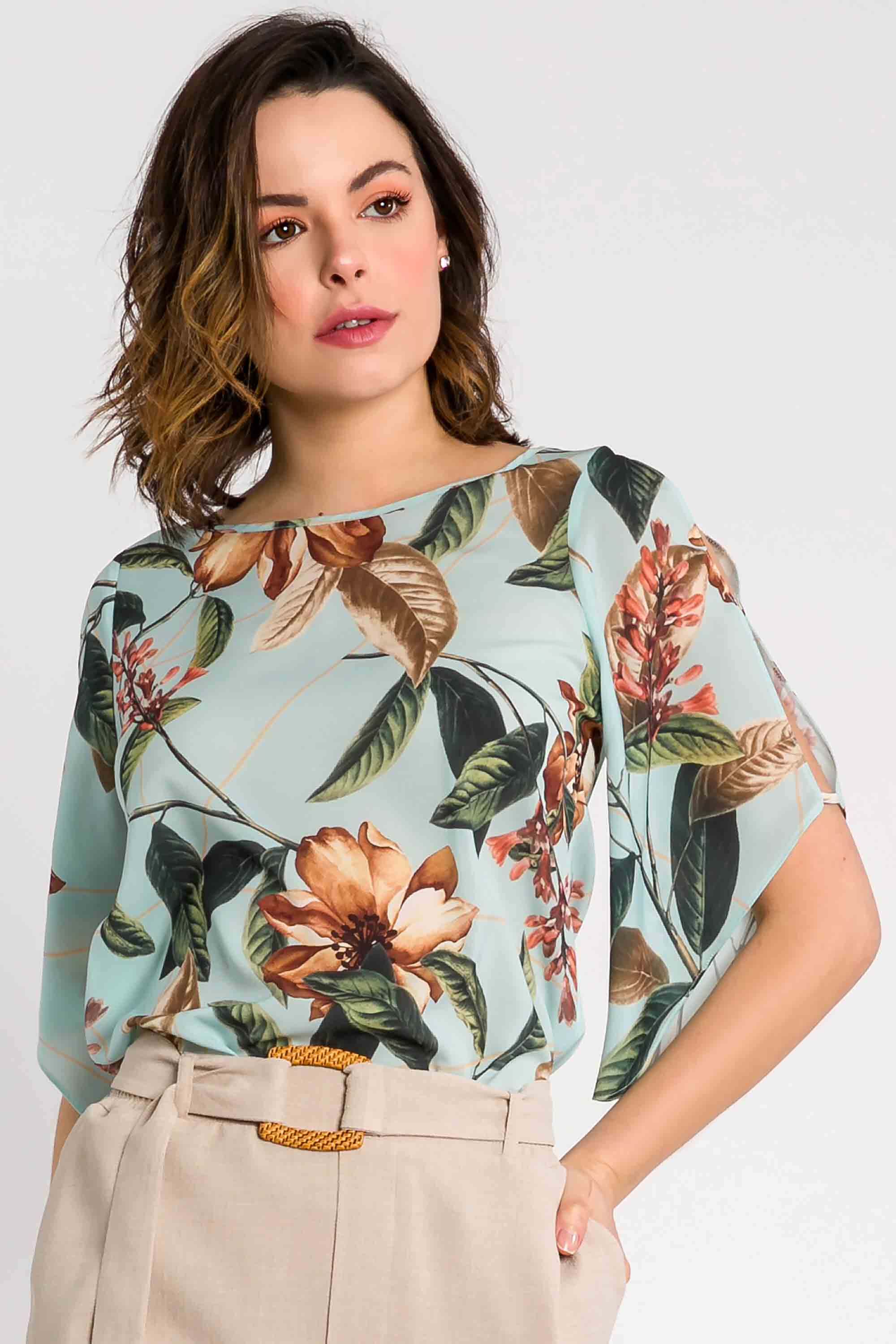 Blusa Social Feminina Manga Curta Tecido Fino Estampada PKS