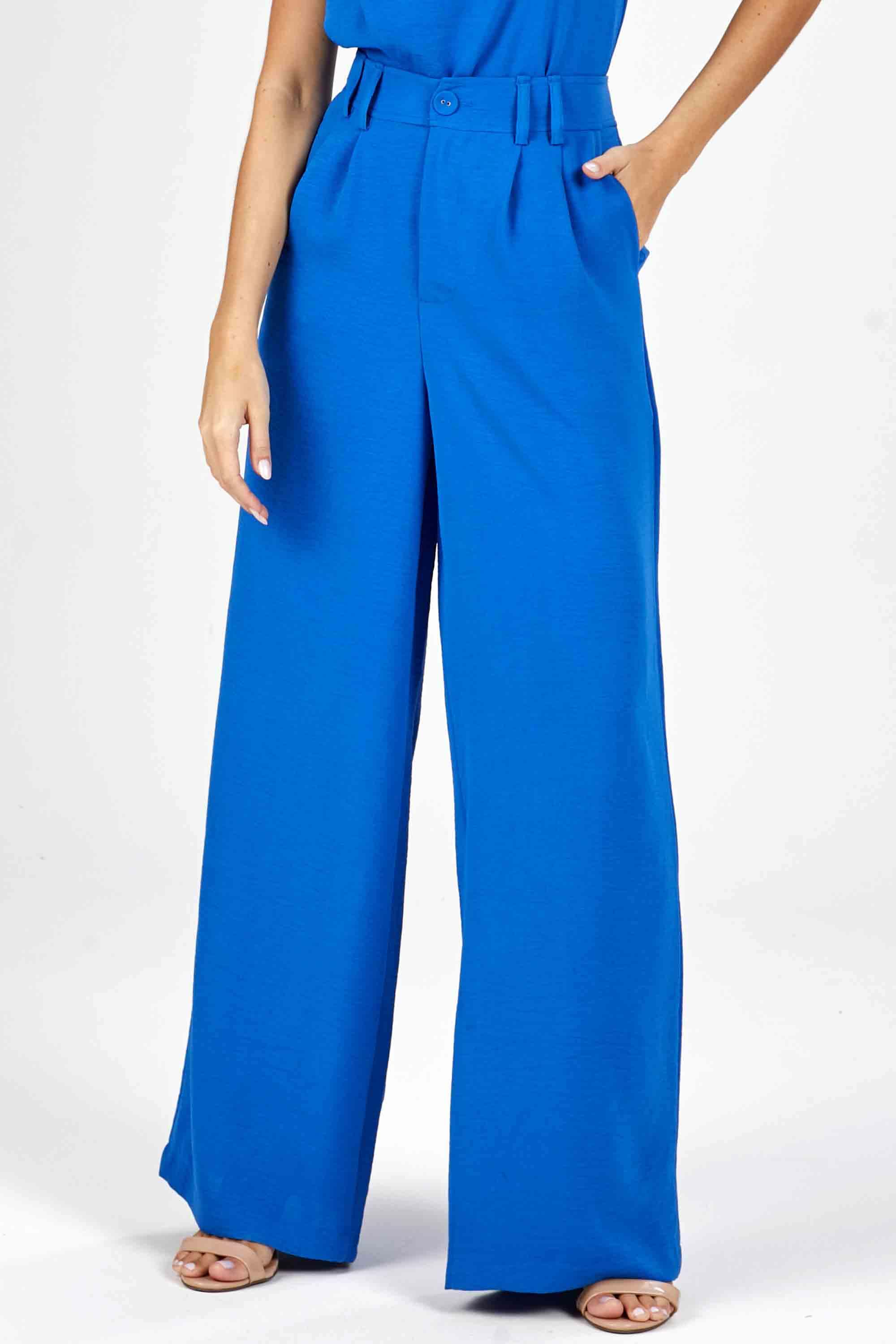 Calça wide leg pantalona cintura alta azul royal PKS