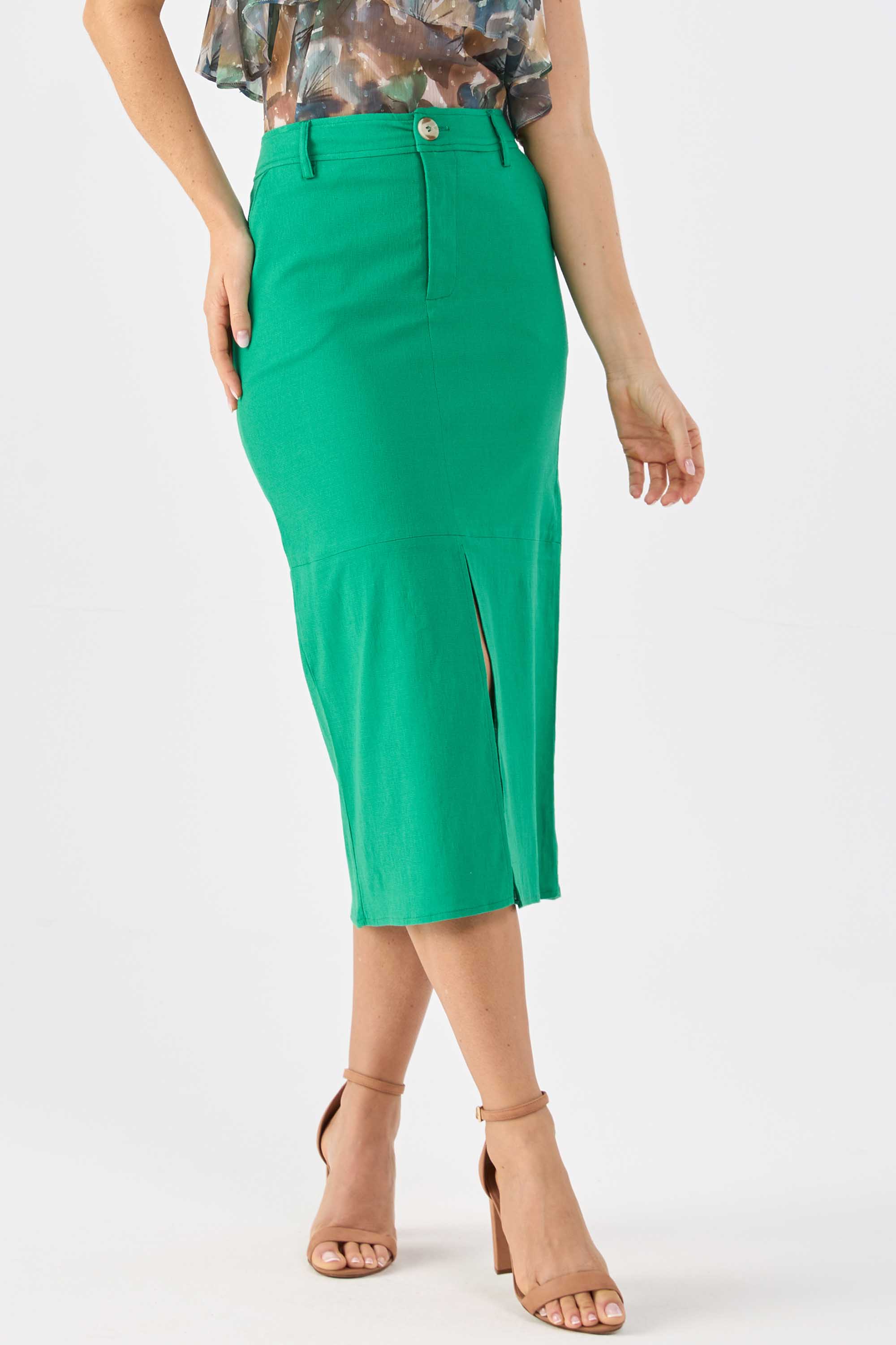 Saia Midi Versátil Linho Verde